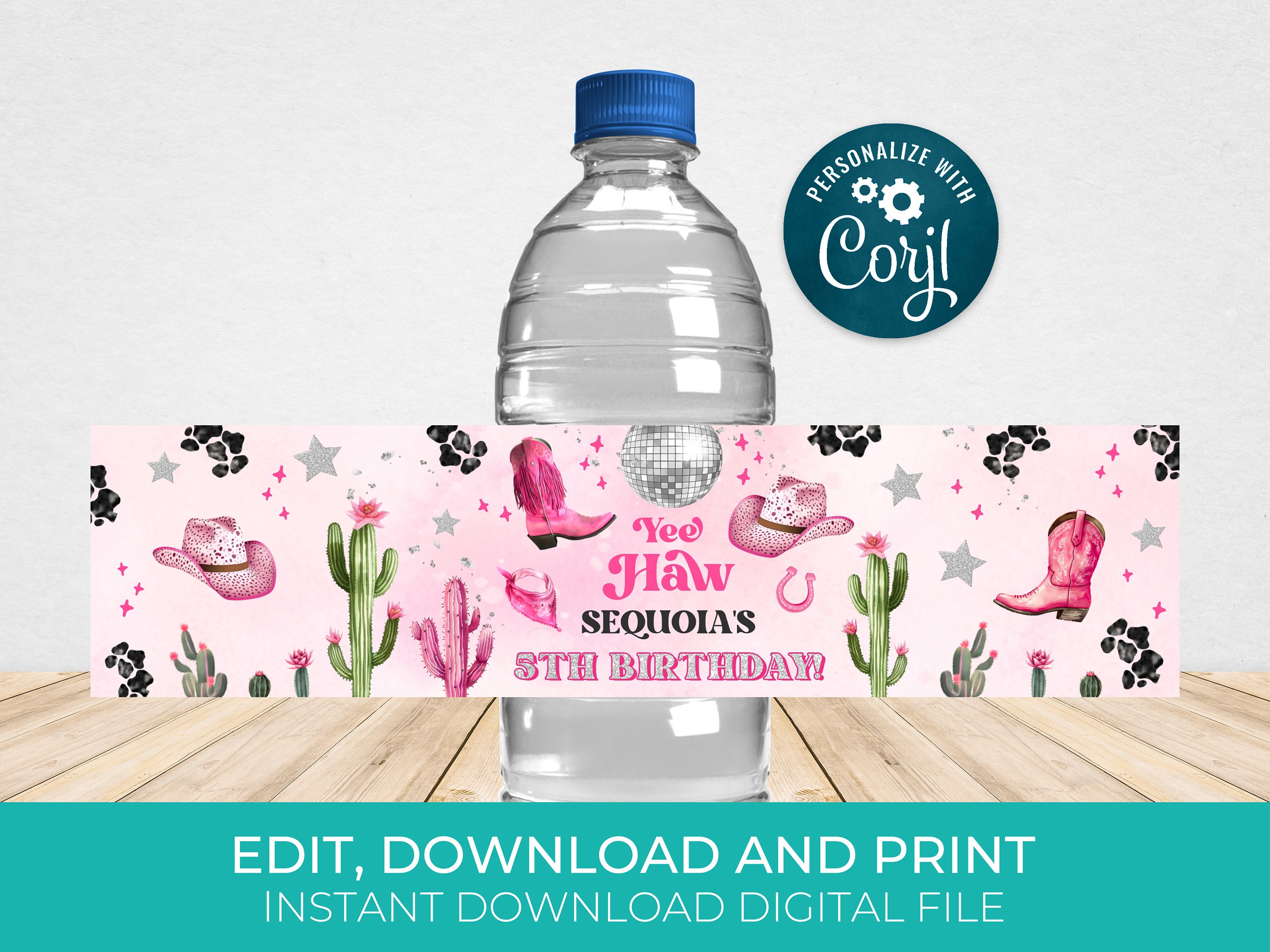 Editable Space Cowgirl Water Bottle Label Template - Pink Disco Cowgirl ...