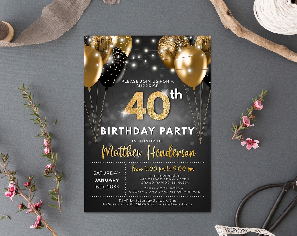 40th Birthday Invitation FORTY Party Black Gold Glitter - Etsy
