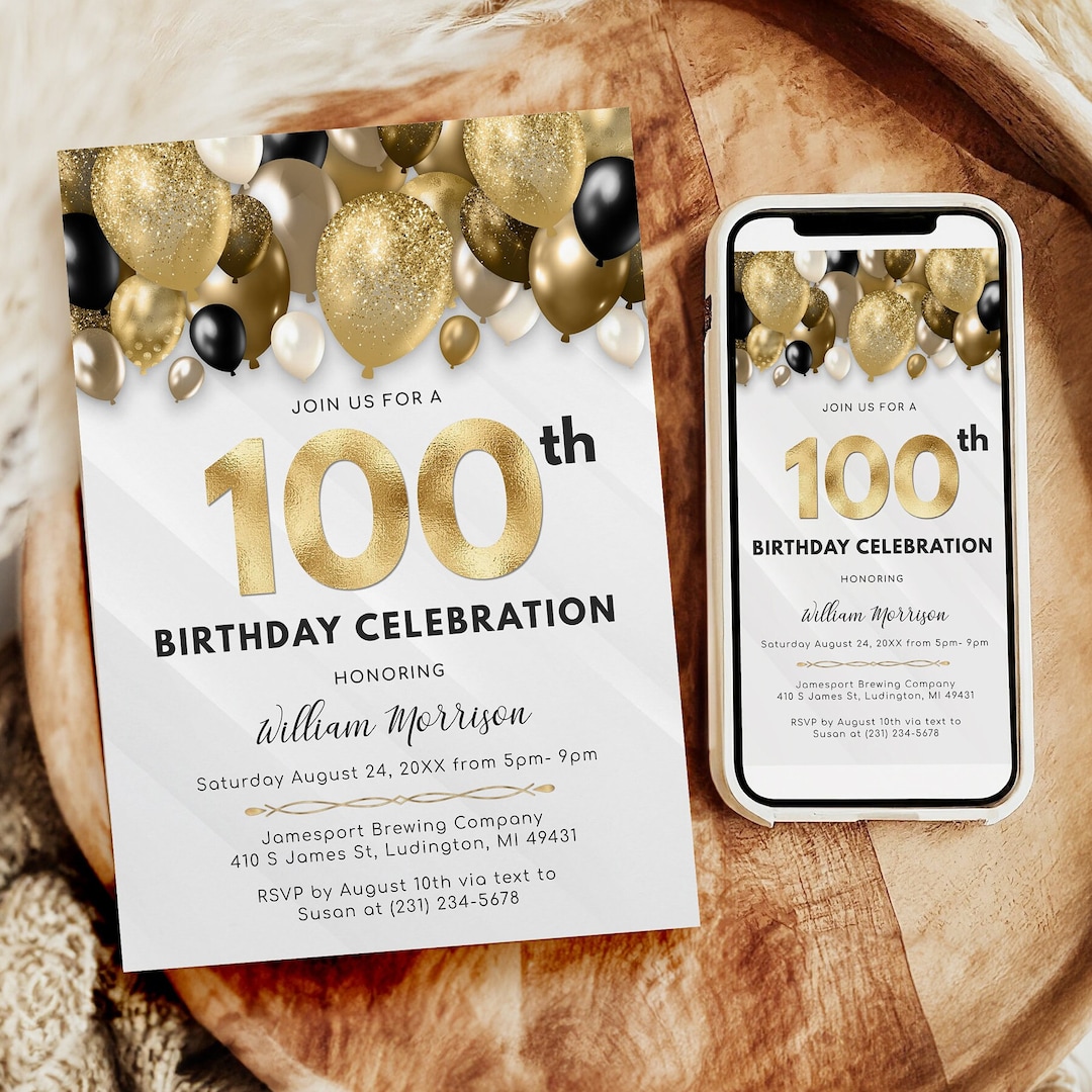 Balloons 100th Birthday Invitation - Adult Birthday Invite With Mobile ...