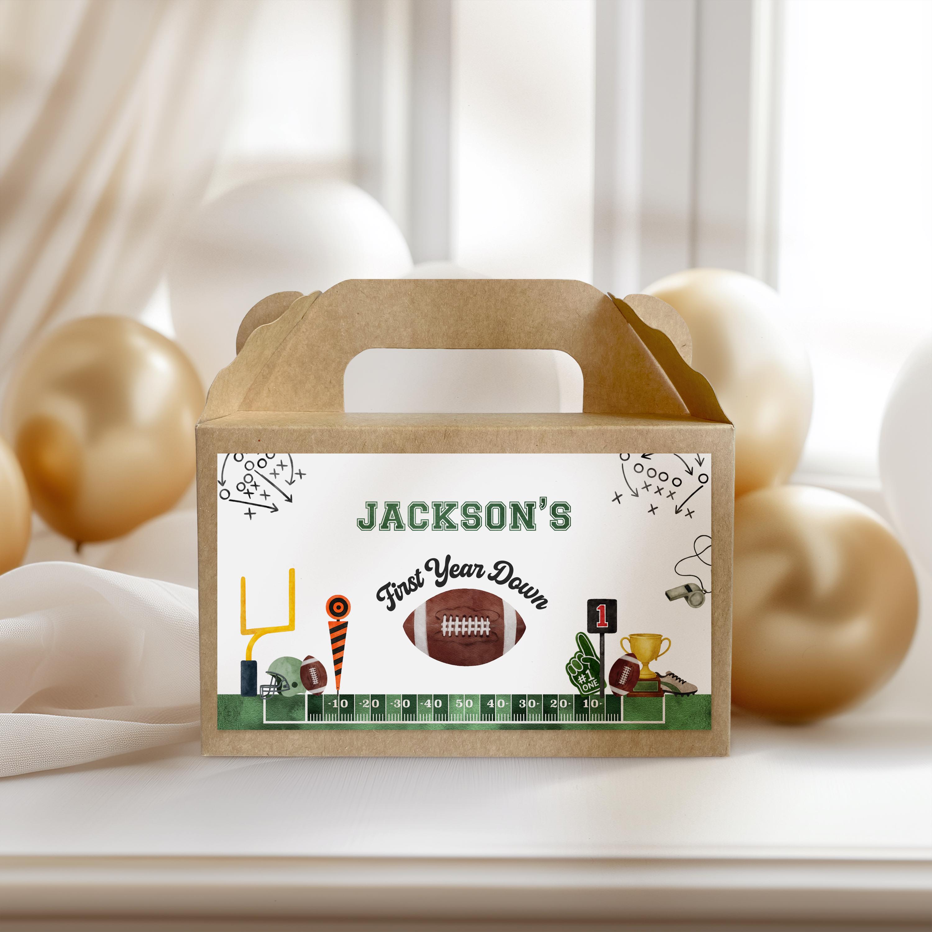 First Year Down Gable Box Label Template - Football Birthday Favors ...