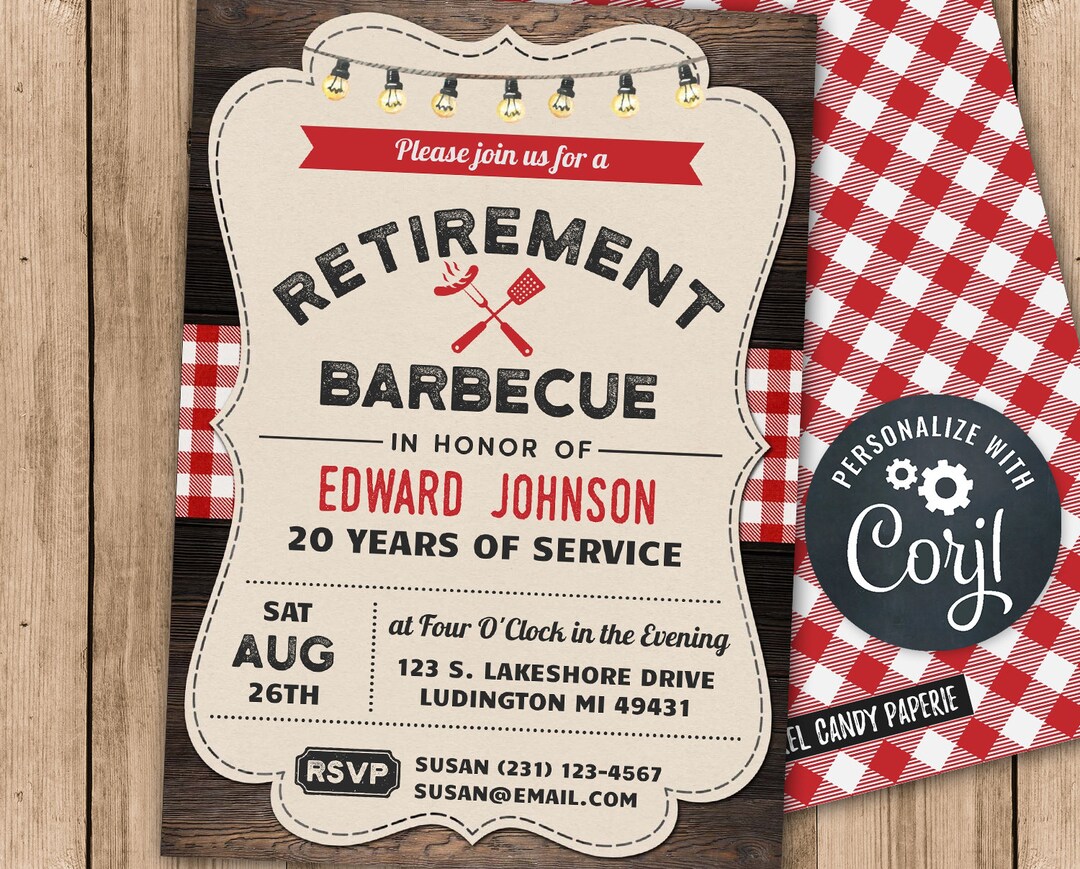 Retirement BBQ Invitation Party Invite Retire Rustic Barbecue Digital ...
