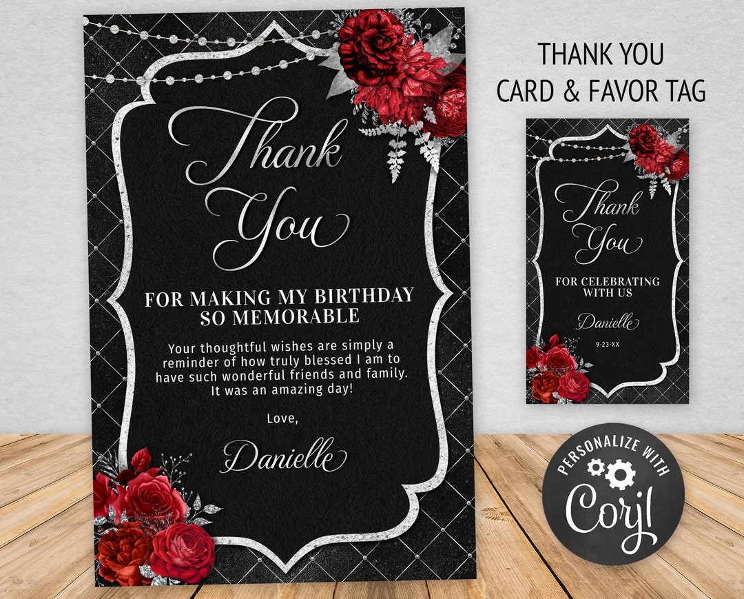 Editable Thank You Card + Tag Template - Black and Silver With Red ...