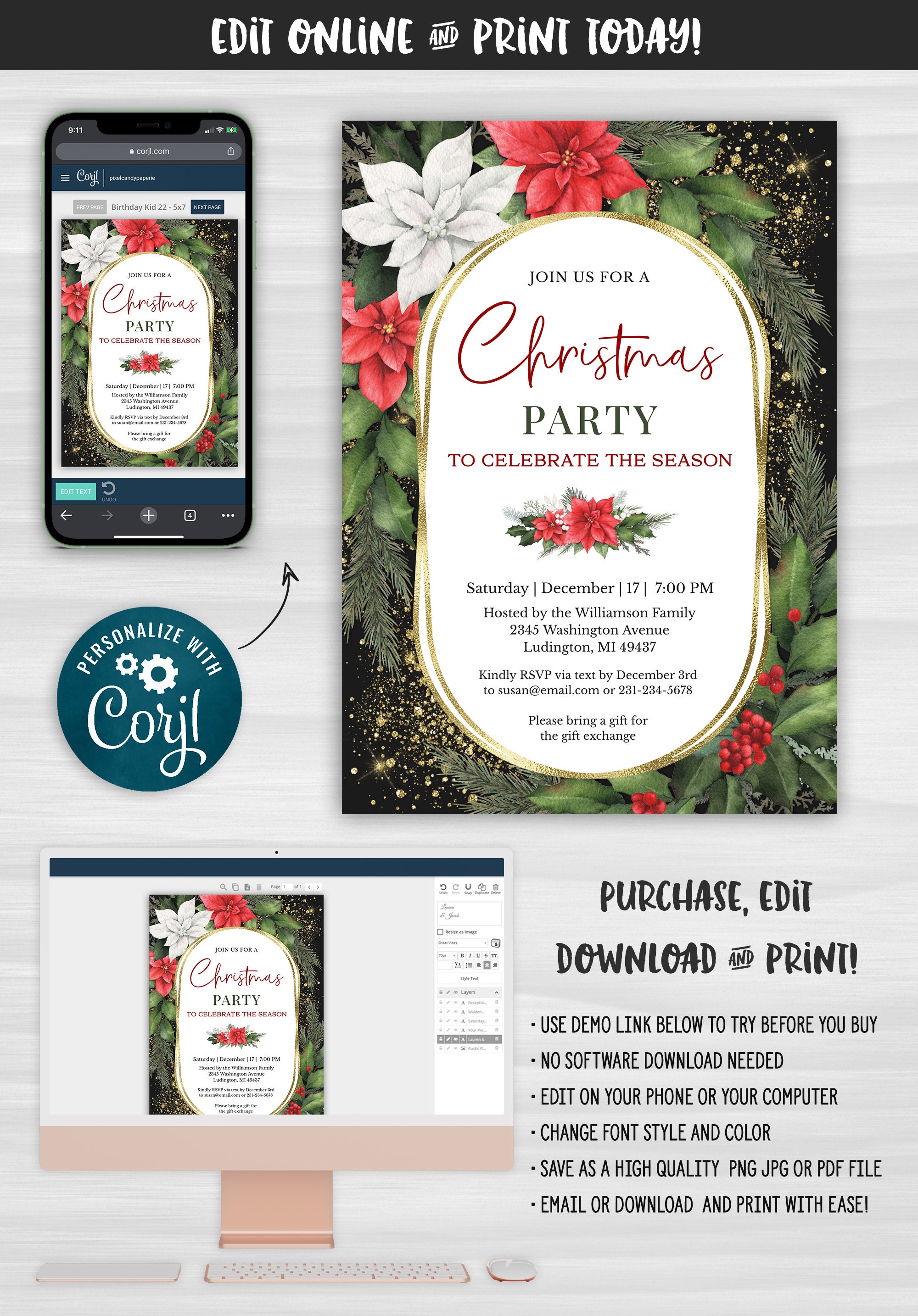 Editable Christmas Party Invitations - Christmas Party Invite - Floral ...
