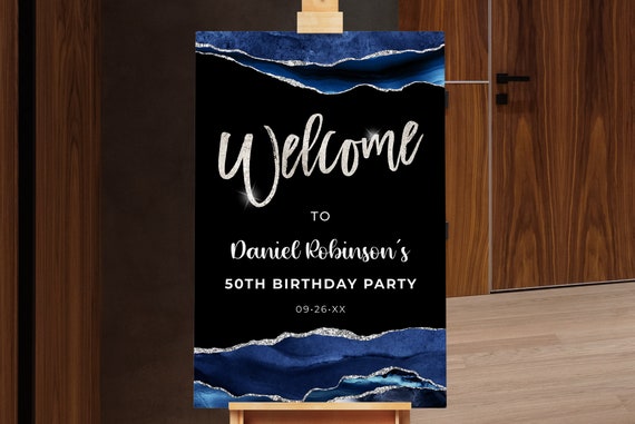 Birthday Welcome Sign Birthday Welcome Poster Blue and Silver - Etsy