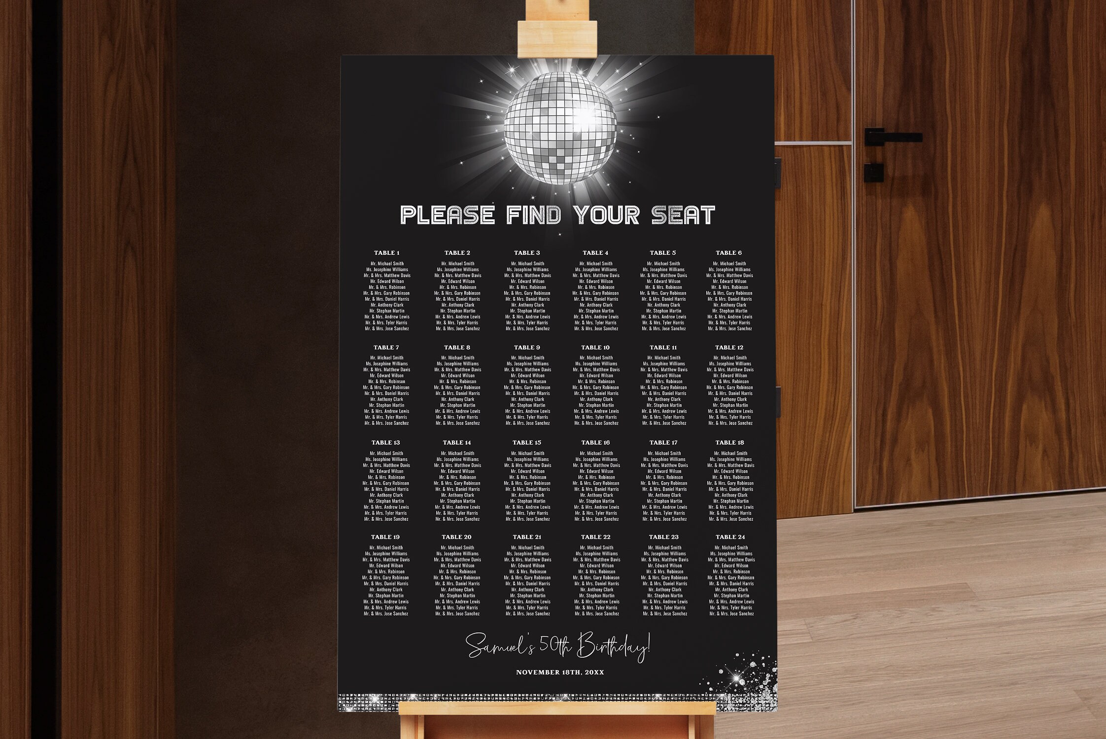 Editable Disco Party Seating Chart - Black and Silver Disco 70's Party ...