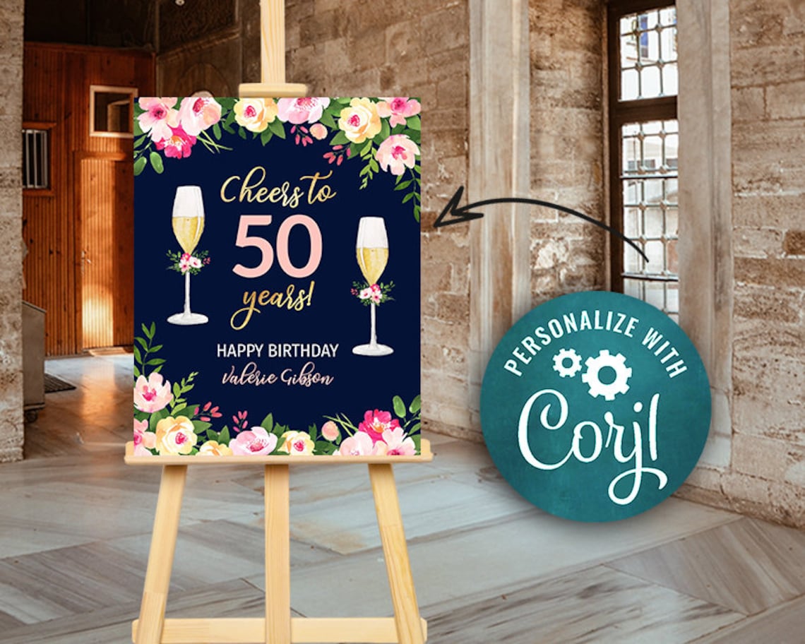 Cheers to 50 Years Birthday Party Welcome Sign Poster Floral - Etsy