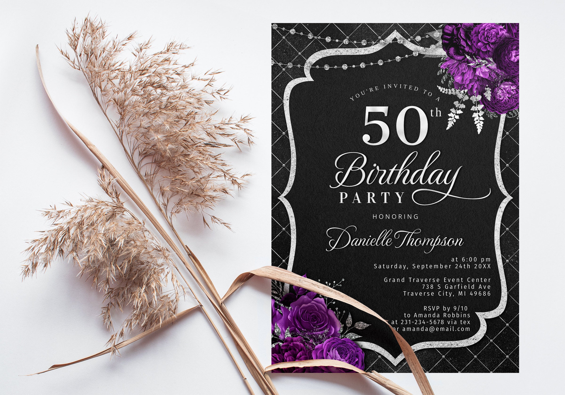 50th Birthday Invitation Template - Elegant Invite - Black With Silver ...