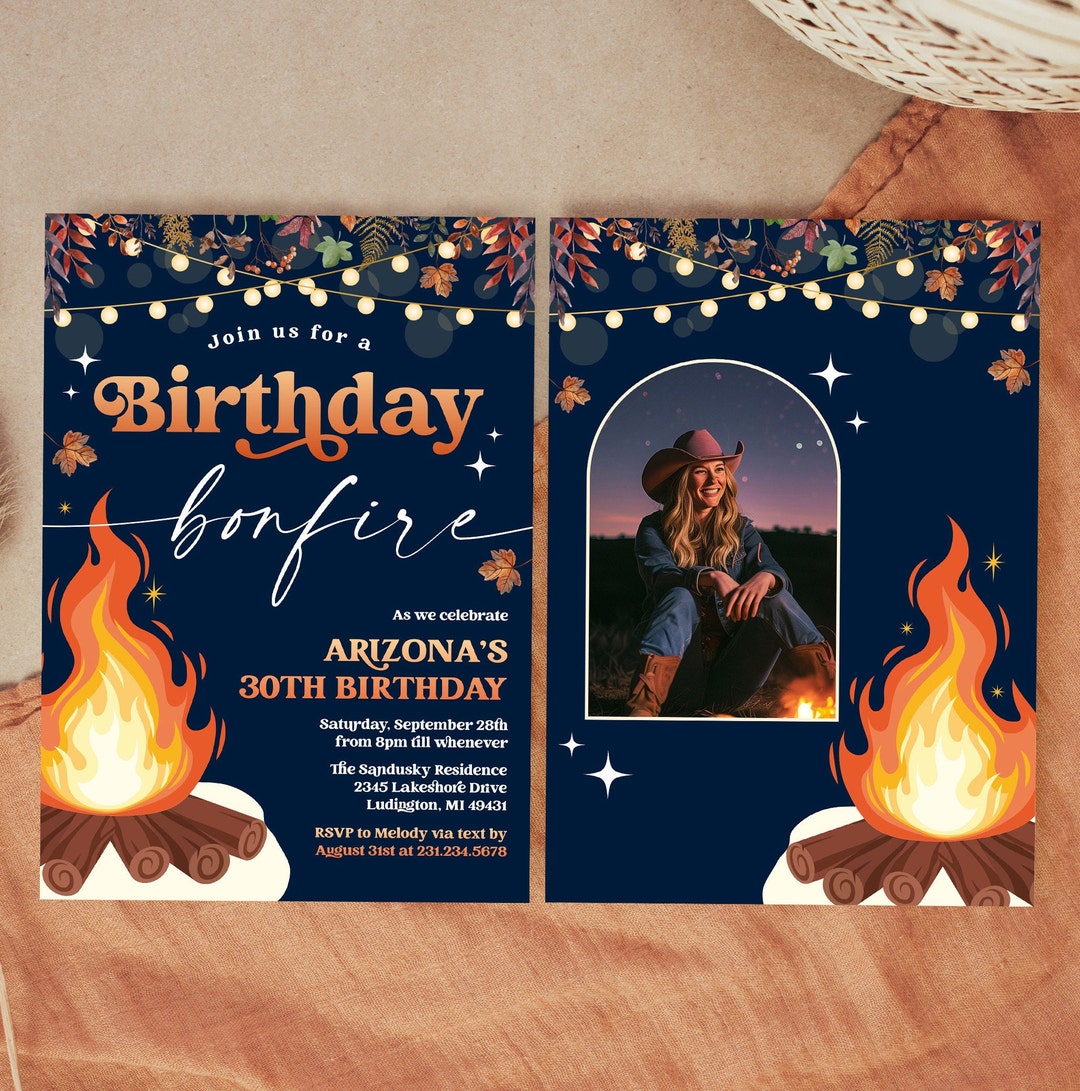 Modern Birthday Bonfire Invitation - Campfire Fall Birthday Party Photo ...