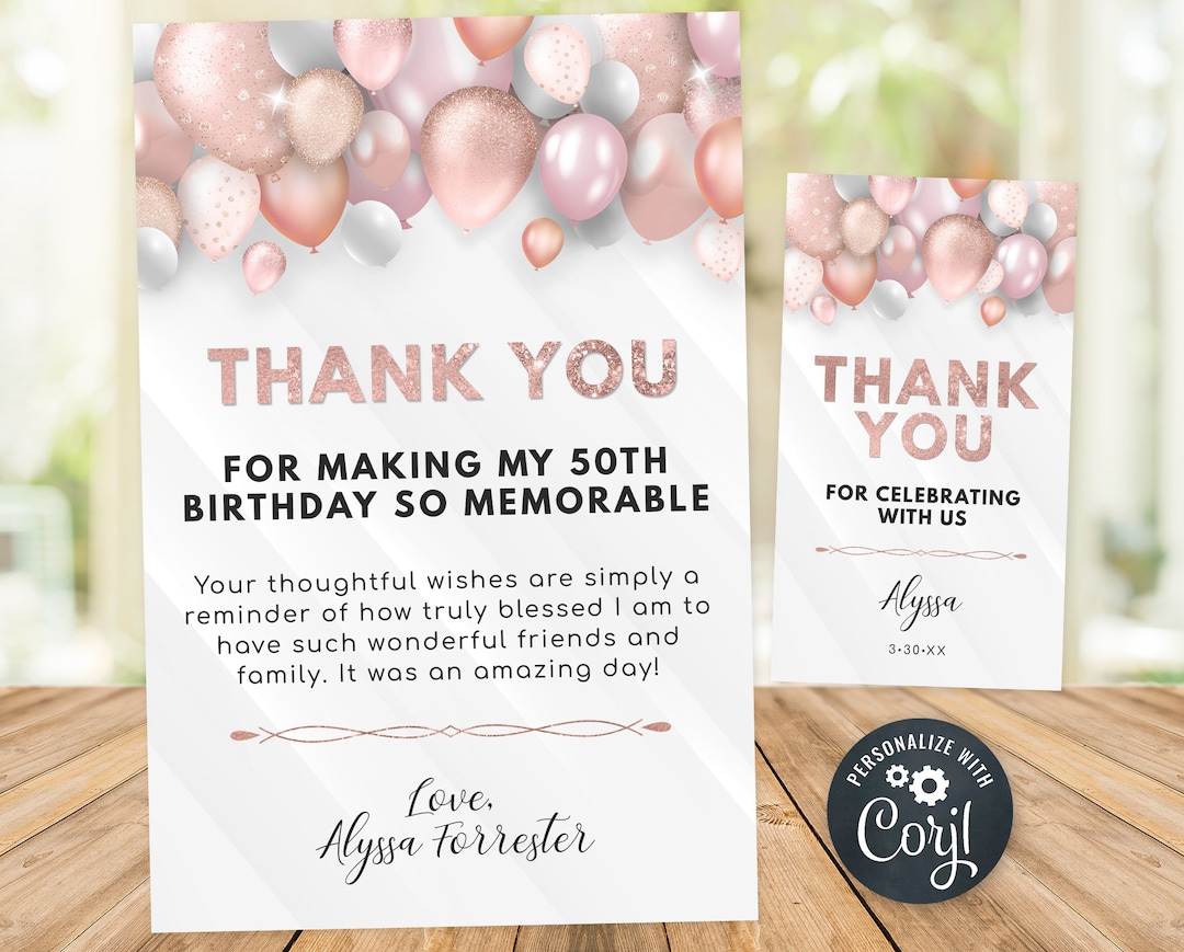 Editable Birthday Thank You Card Template Rose Gold, Pink & White With ...