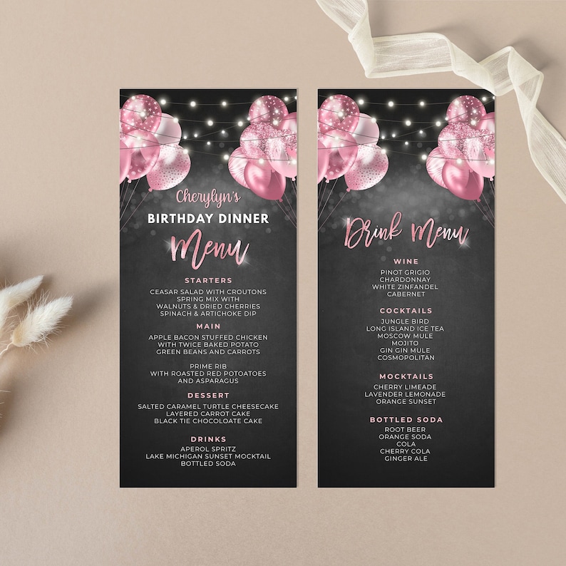 Pink and Black Menu Card Menu Template and Drink Menu Event - Etsy