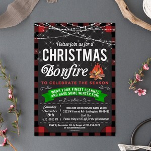 Christmas Bonfire Invitation, Flannel Christmas Party Invite, Holiday ...