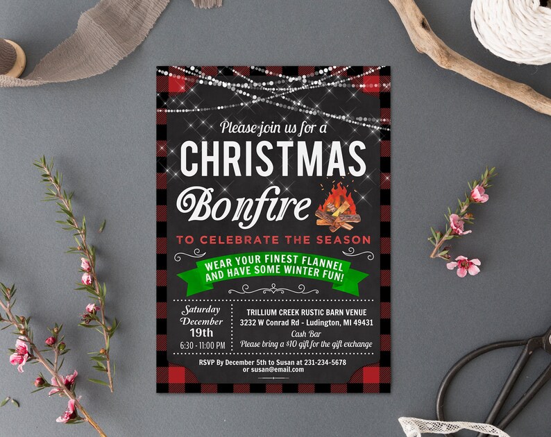 Christmas Bonfire Invitation, Flannel Christmas Party Invite, Holiday ...