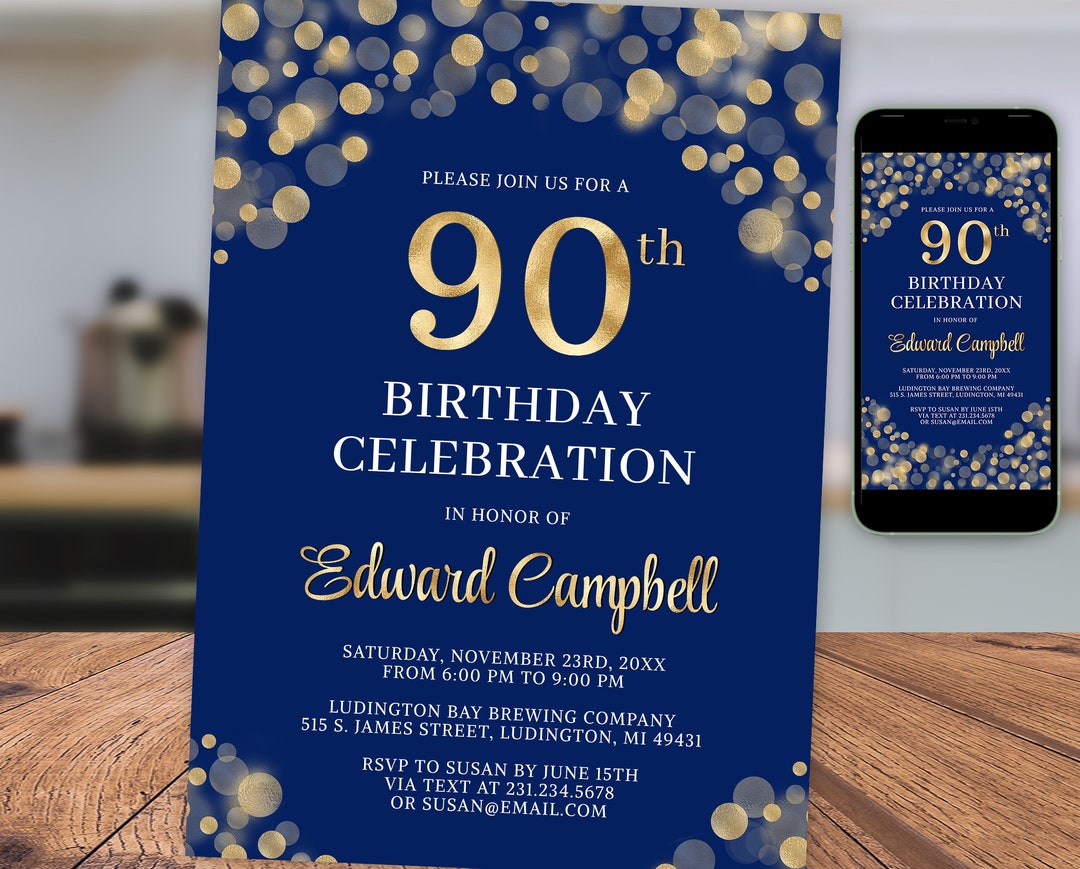 Navy Blue and Gold 90th Birthday Party Invitation Template Digital ...