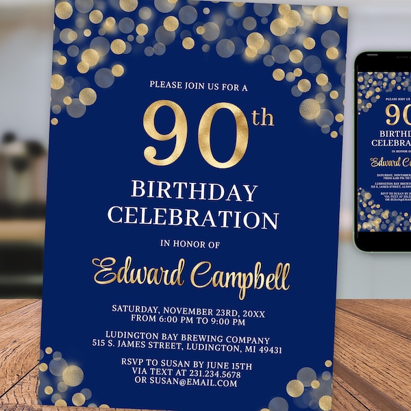 90th Navy Blue Birthday Invitation - Etsy