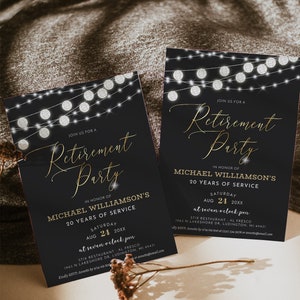 Retirement Party Invitation Elegant Black White Gold Sparkle Work ...