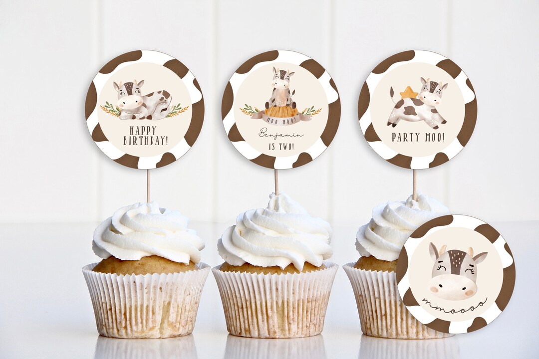 Editable Brown Cow Cupcake Toppers Cow Birthday Theme Moo - Etsy