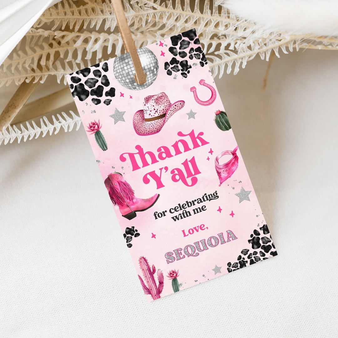 Editable Space Cowgirl Birthday Favor Tag Template - Pink Disco Cowgirl ...