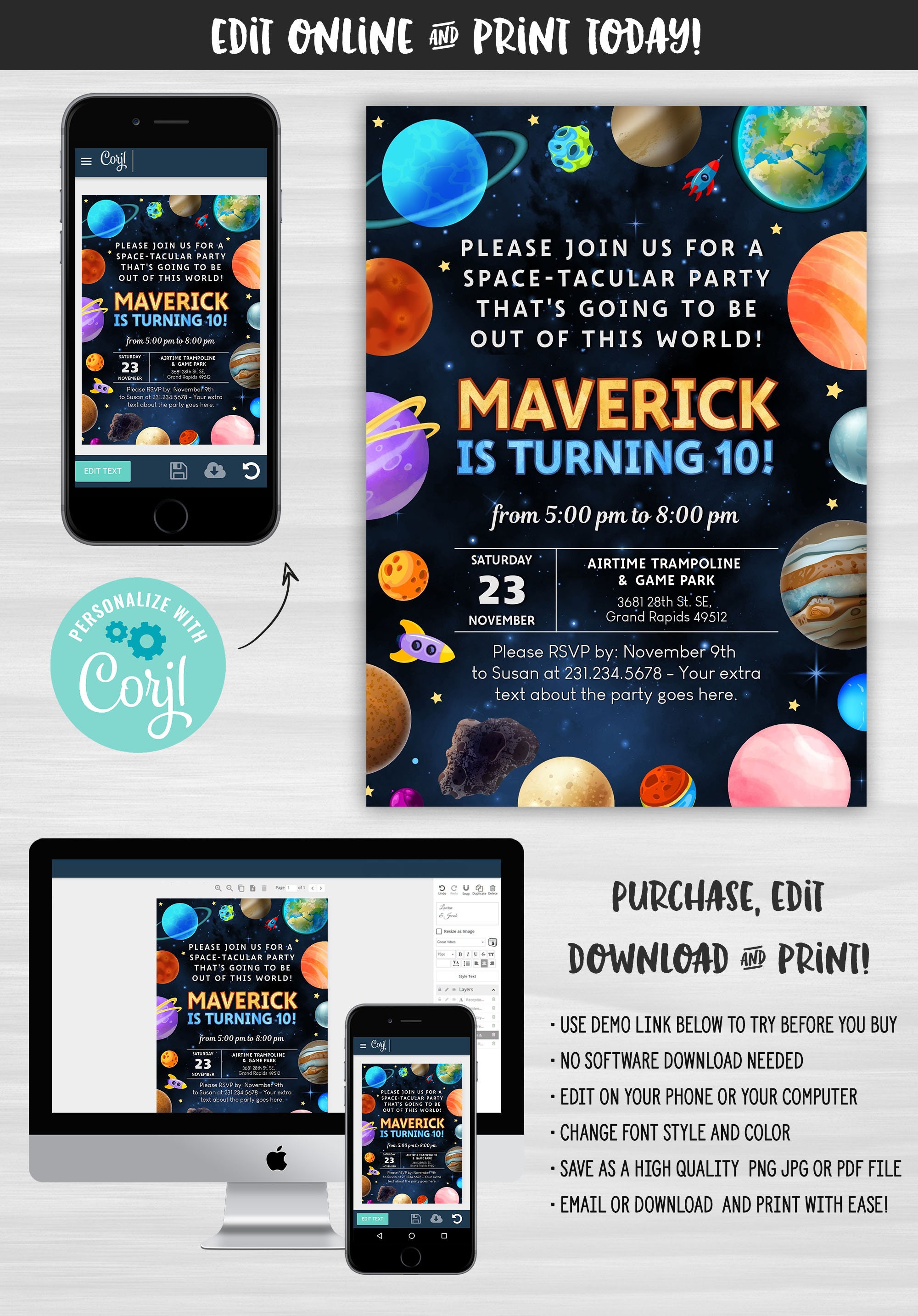 Planet Birthday Invitation Outer Space Party Invite Space | Etsy