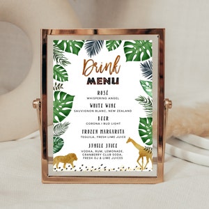 Safari Bar Menu - Drink Sign - Alcohol List - Jungle Safari Party ...