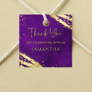 Purple and Gold Favor Tag Template - Gift Tag Template, Glitter Sparkle ...