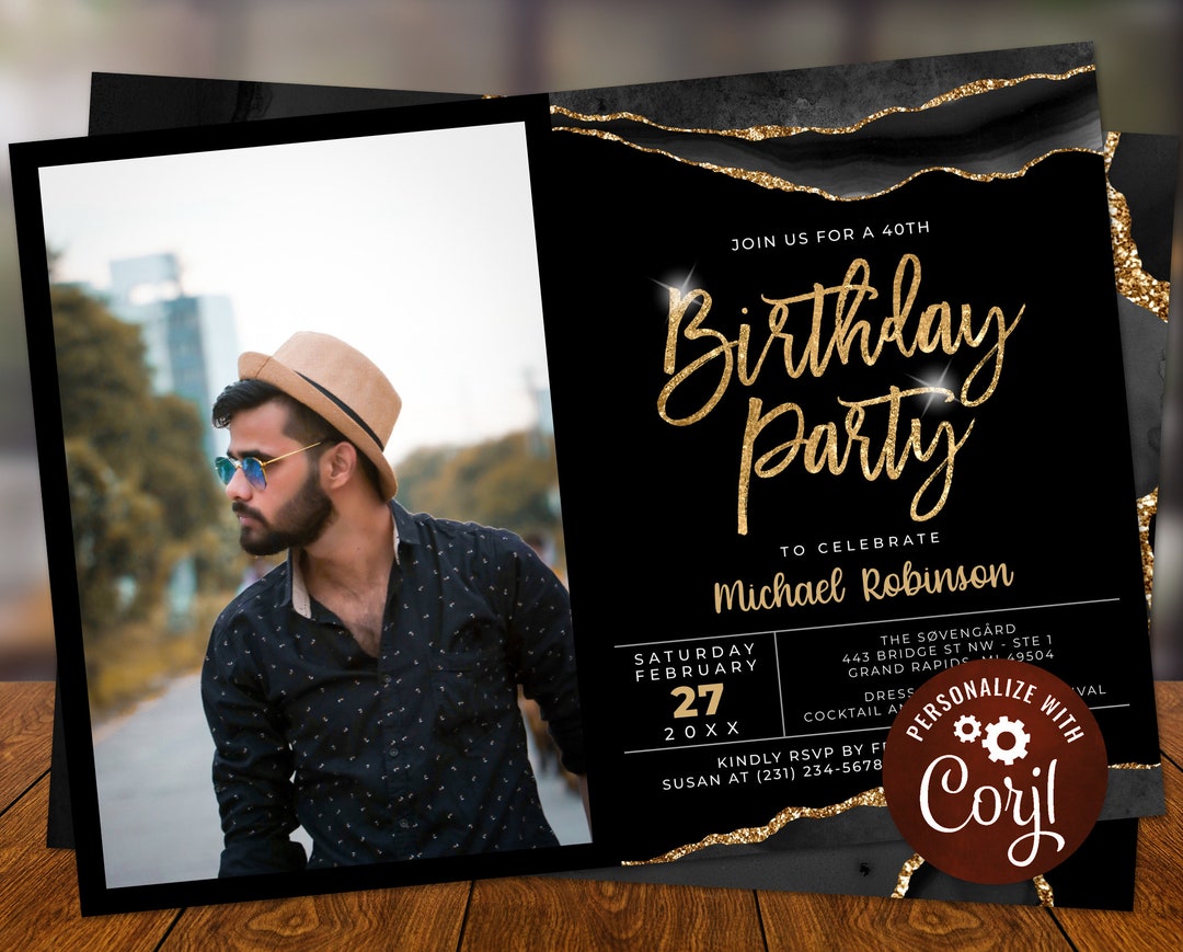 Black and Gold Photo Invitation Template Any Age Digital Instant ...