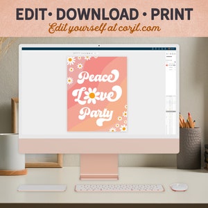 Editable Groovy Birthday Party Decor Peace Love Party Sign Retro Daisy ...