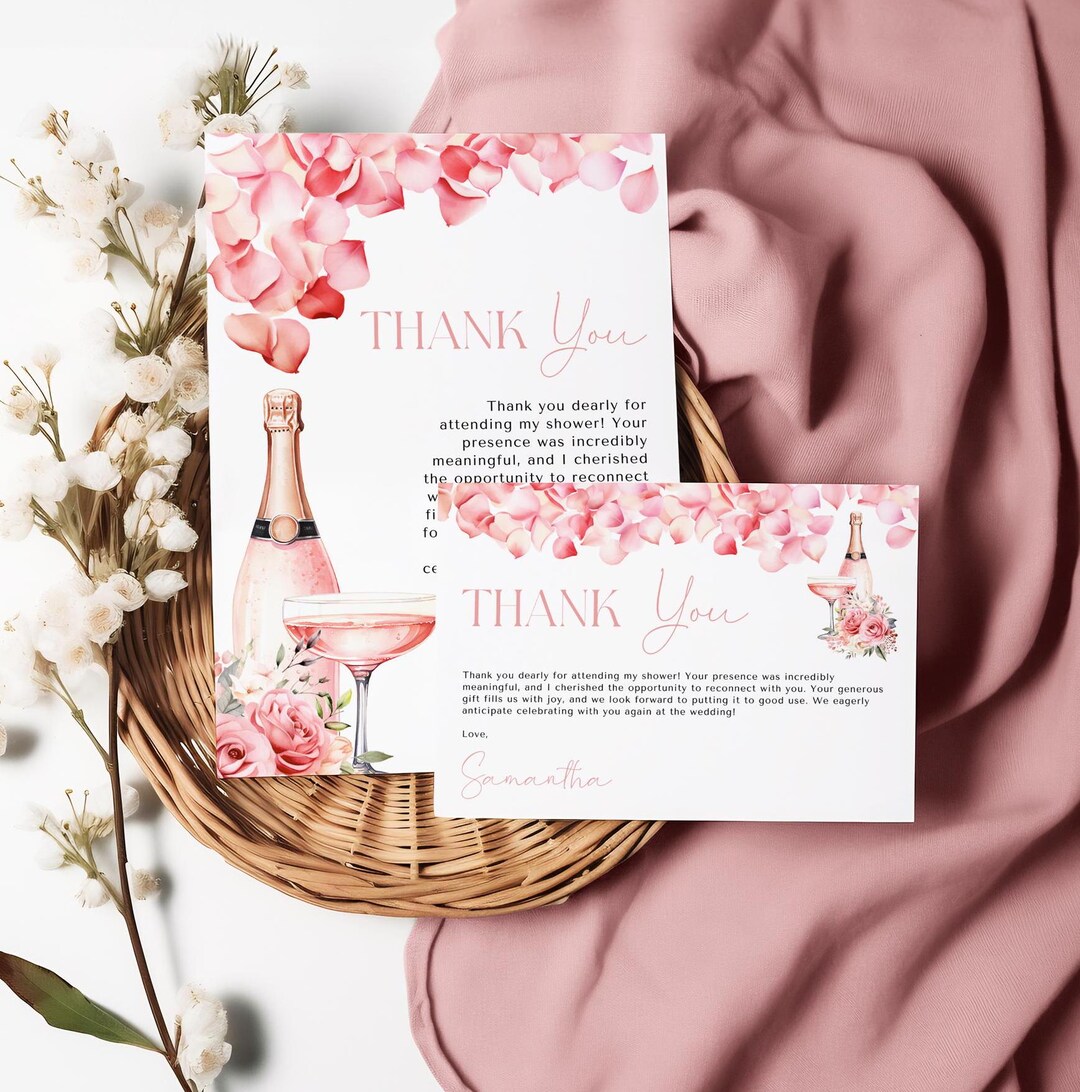 Petals and Prosecco Bridal Shower Thank You Card Template - Pink ...