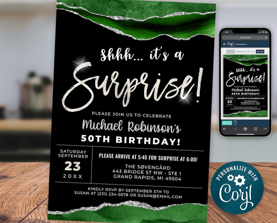 Emerald Green and Silver Surprise Birthday Invitation Template - Any ...
