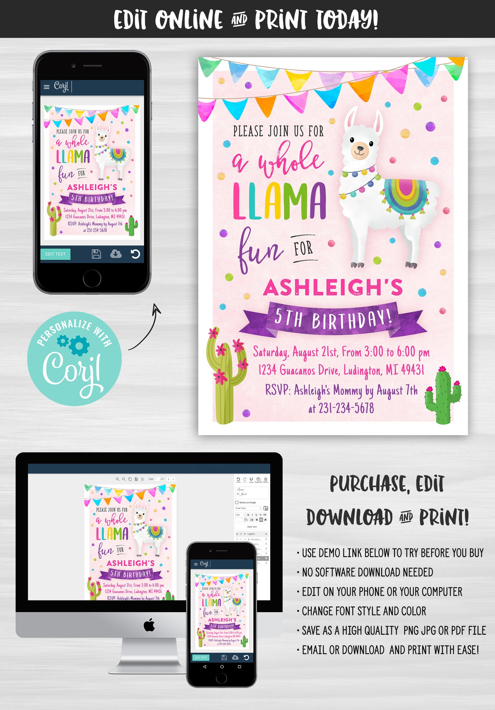 Llama Invitation Llama Birthday Invitation Llama Theme Party | Etsy