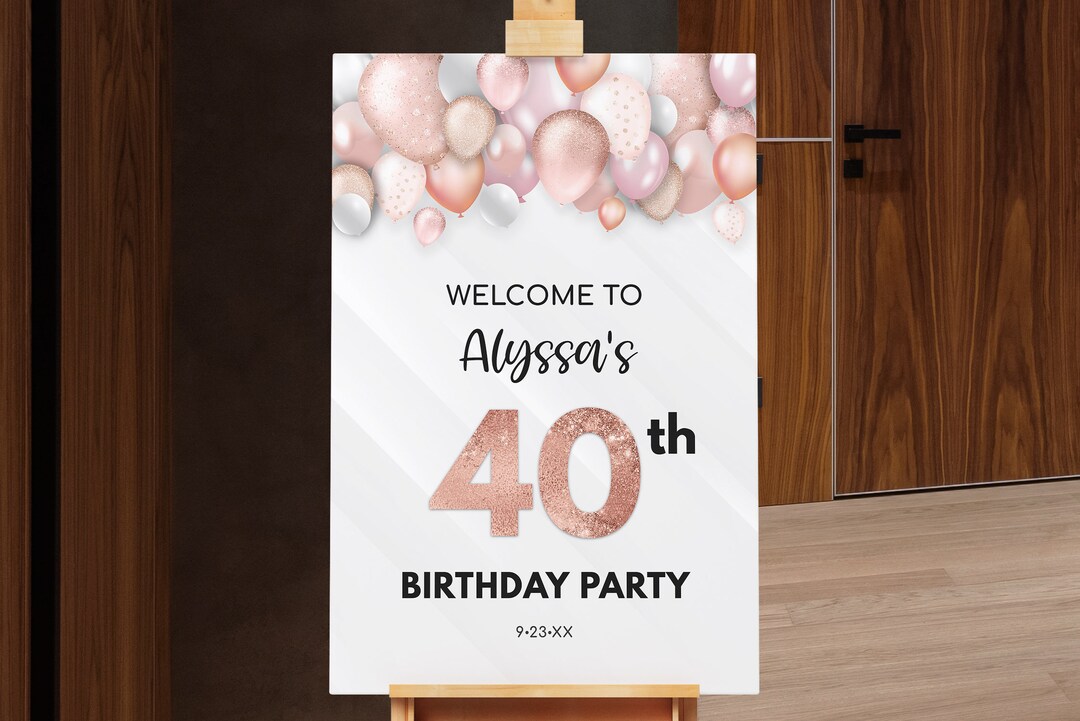 Editable Any Age Birthday Welcome Sign - Rose Gold Balloons - Digital ...