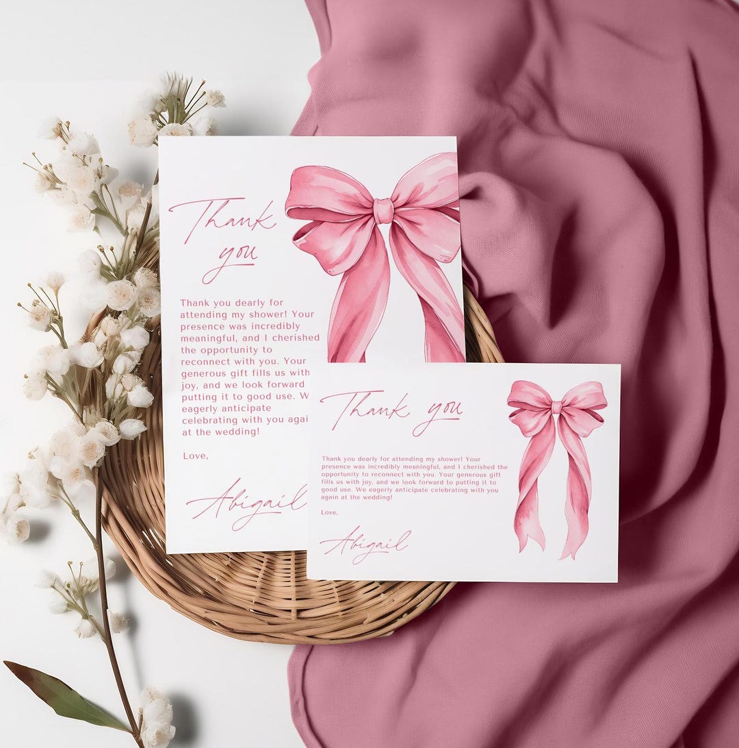 Pink Bow Bridal Shower Thank You Card Template She's Tying the Knot ...