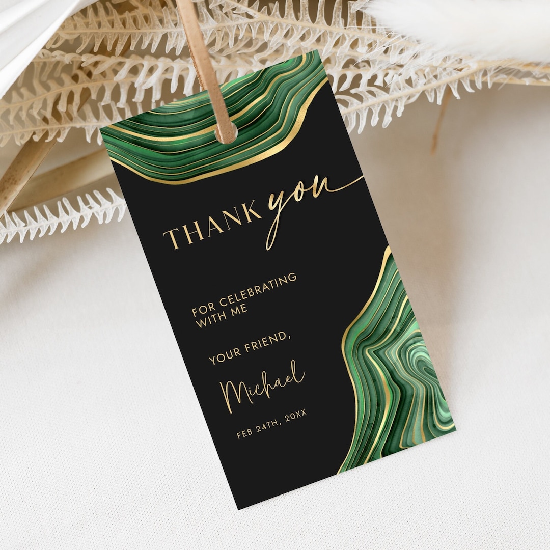 Emerald Green Black and Gold Favor Tag Template - Rectangle Gift Tag Template - Party Favor Tag ...