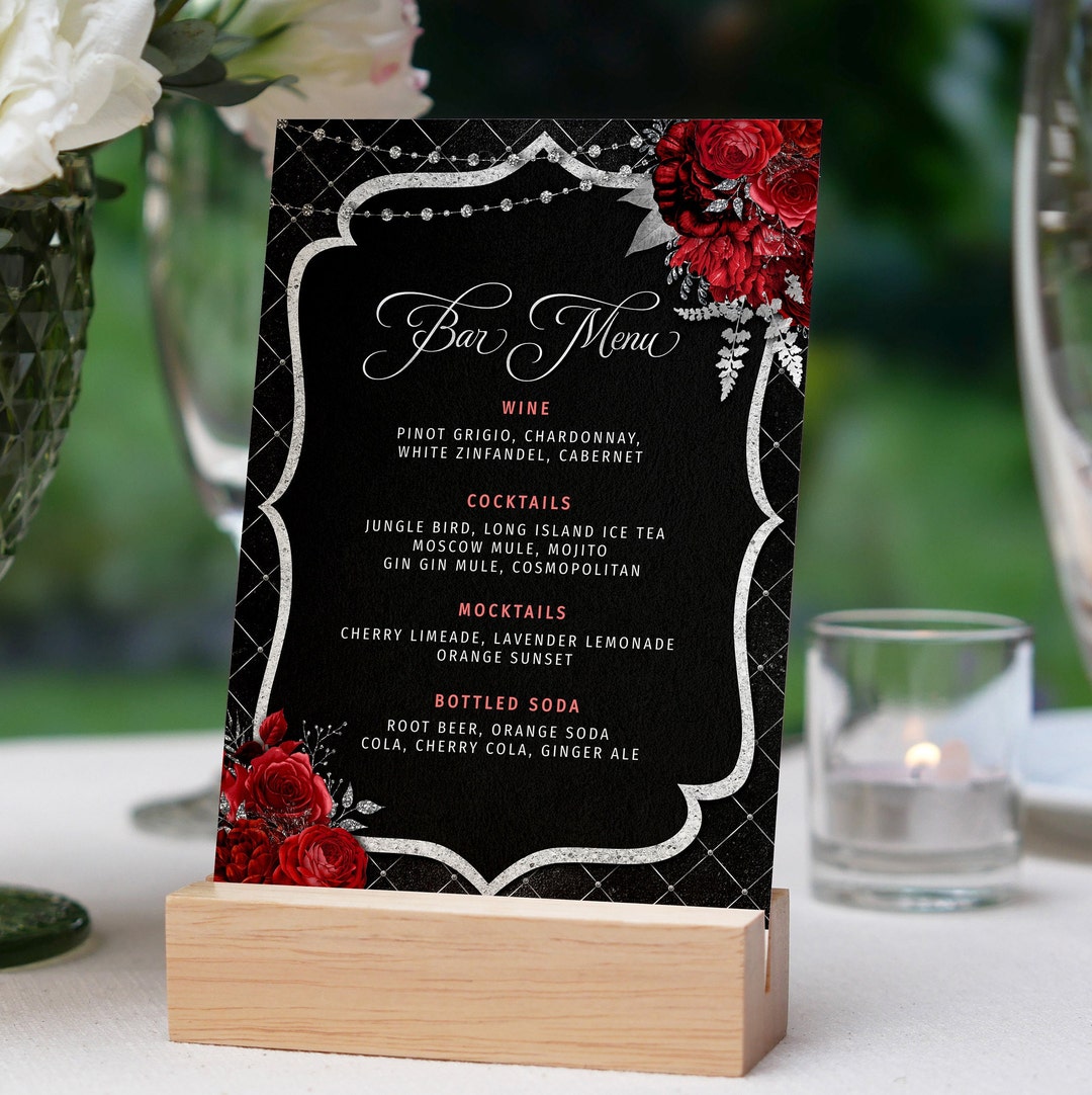 Black and Silver With Red Roses Bar Menu Template - Drink Event Menu ...
