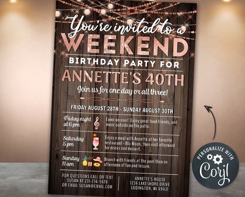 Rose Gold Weekend Birthday Itinerary Card Invitation - Birthday Program ...