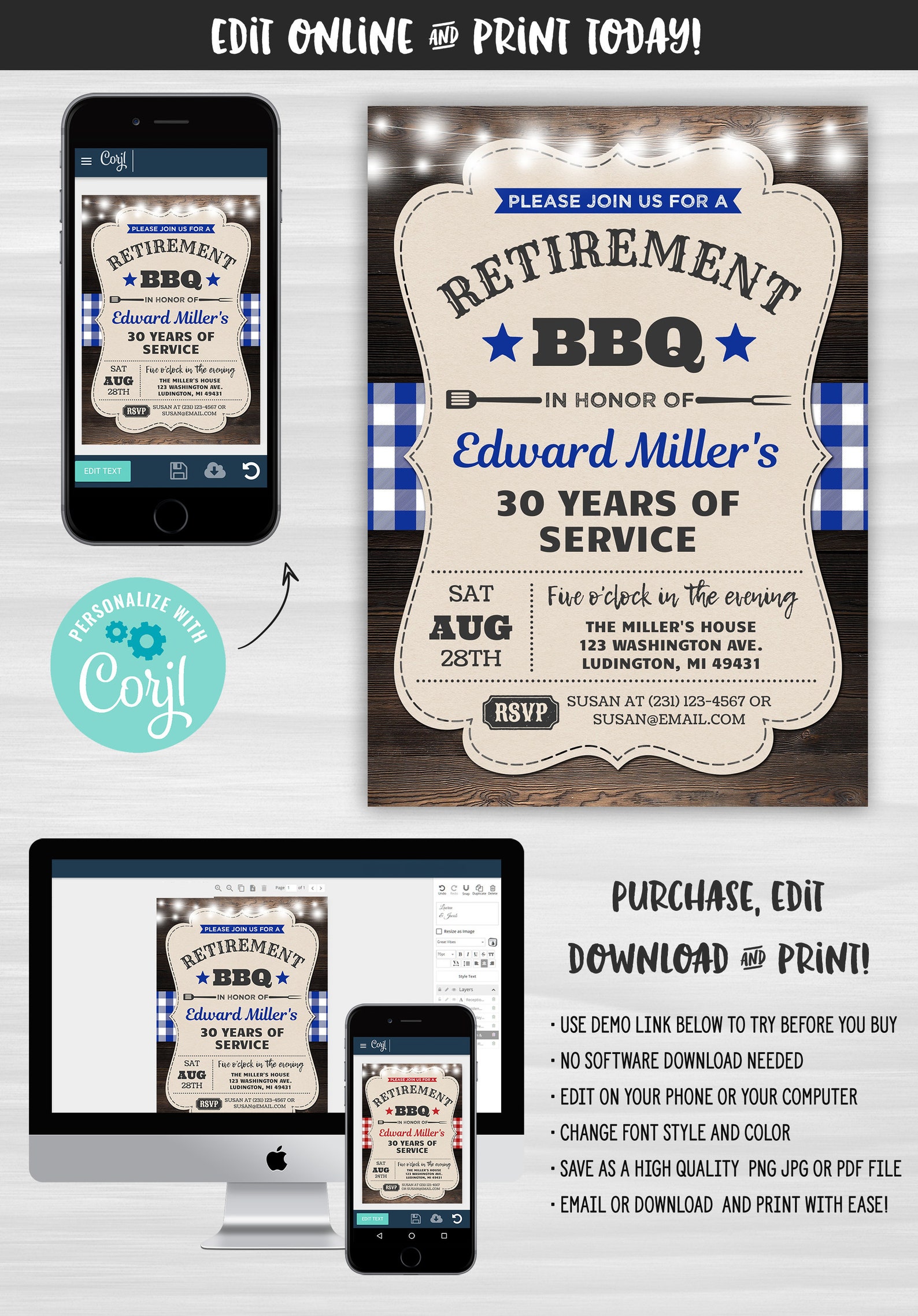 Retirement BBQ Invitation Party Invite Retire Rustic Blue Tablecloth ...