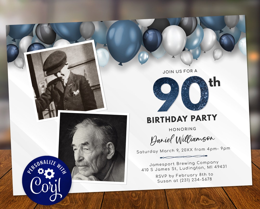 Balloons 90th Birthday Two Photo Invitation - Adult NINETY Birthday ...