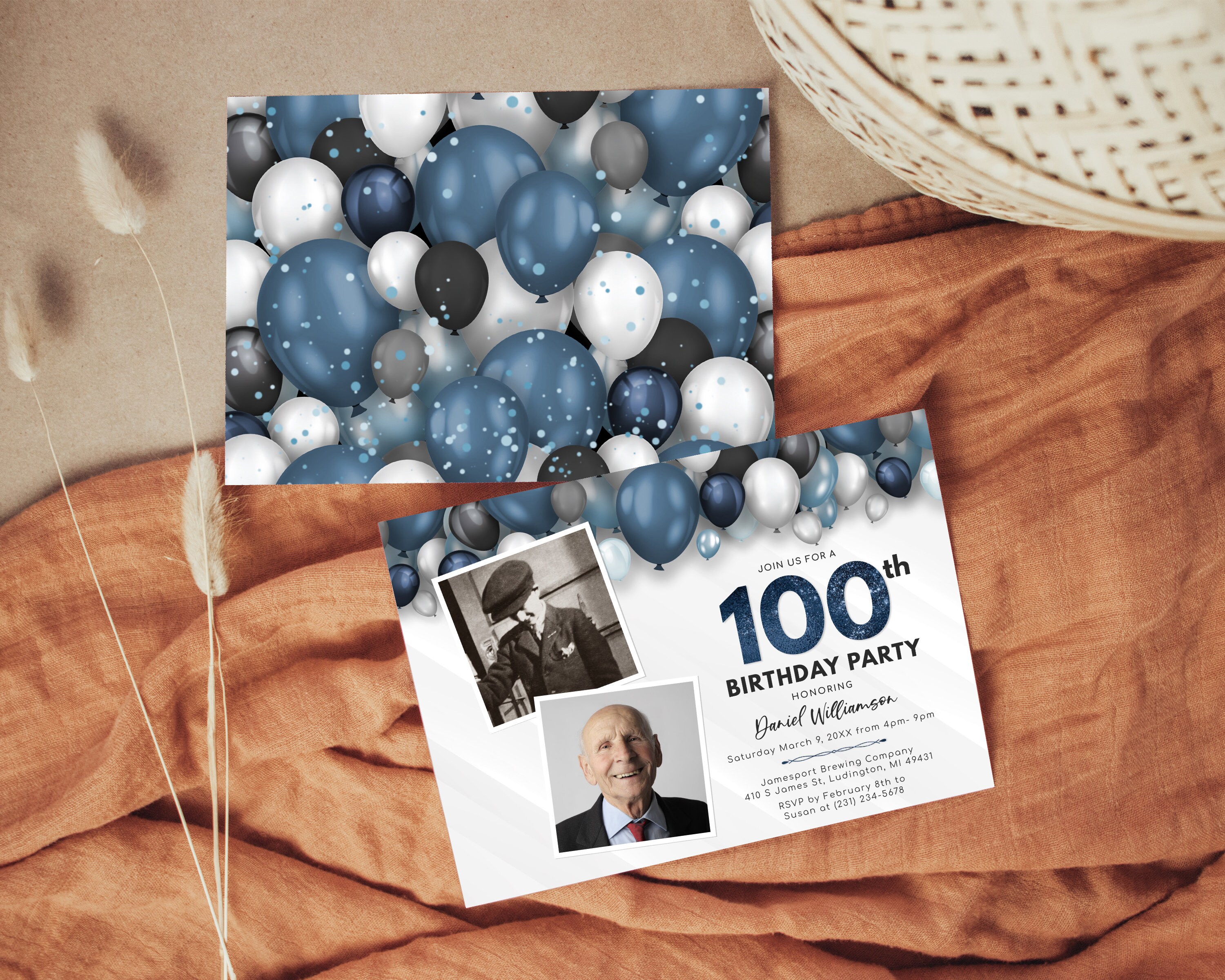 Balloons 100th Birthday Two Photo Invitation - Adult ONE HUNDRED ...