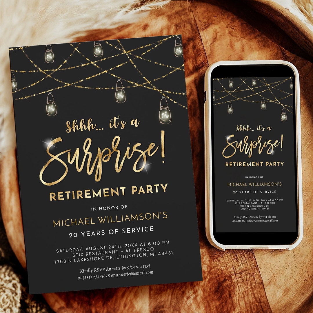 Surprise Retirement Party Invitation - Black White Gold Sparkle Work ...