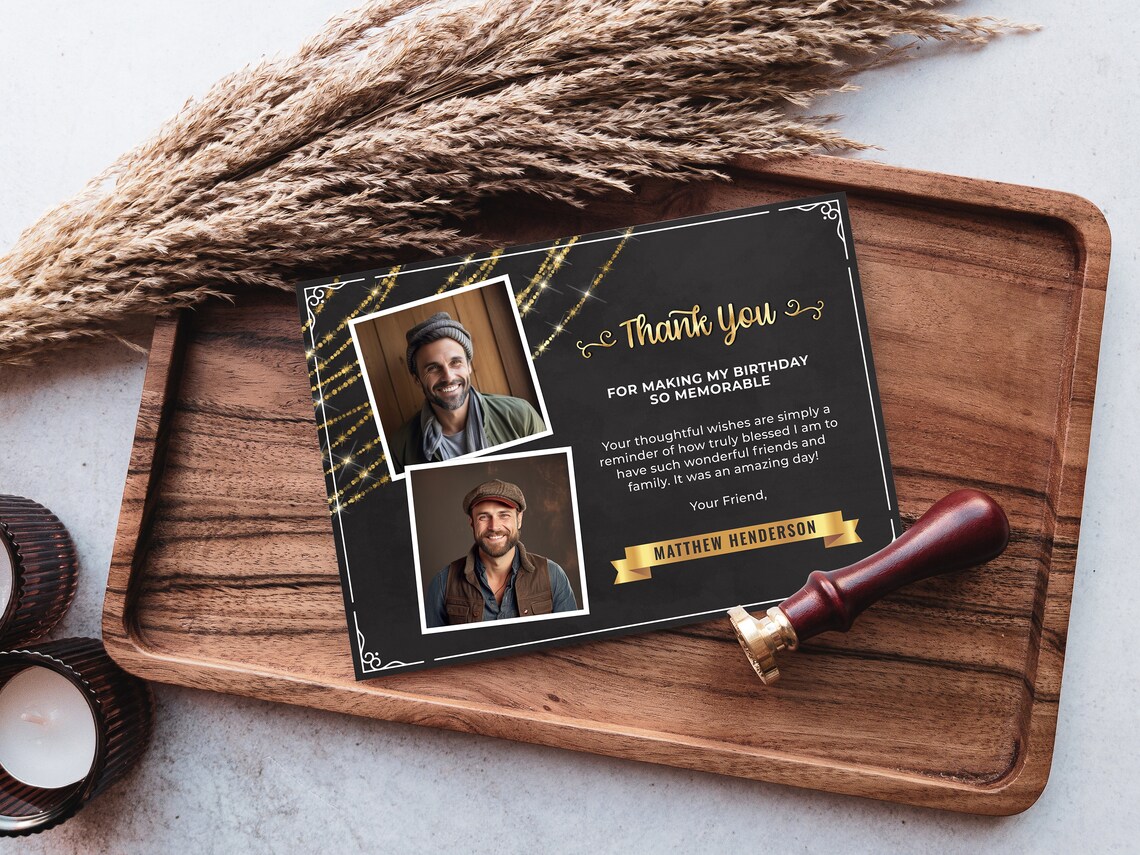 Birthday Thank You Card Editable Template - Black Gold Digital- 5x7 ...