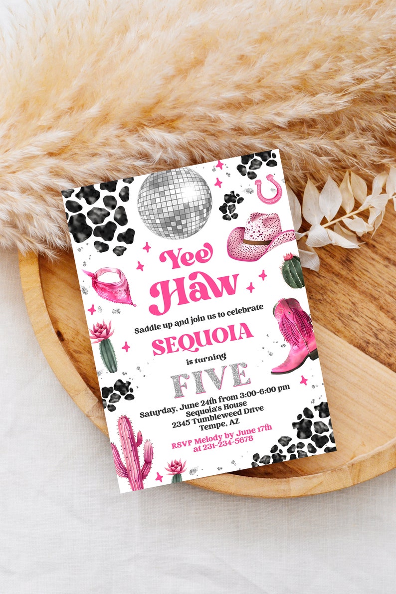 Editable Space Cowgirl Birthday Invitation Pink Disco - Etsy