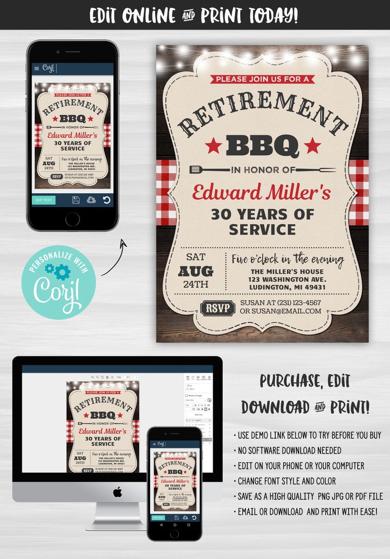 Retirement BBQ Invitation Party Invite Retire Rustic Tablecloth ...