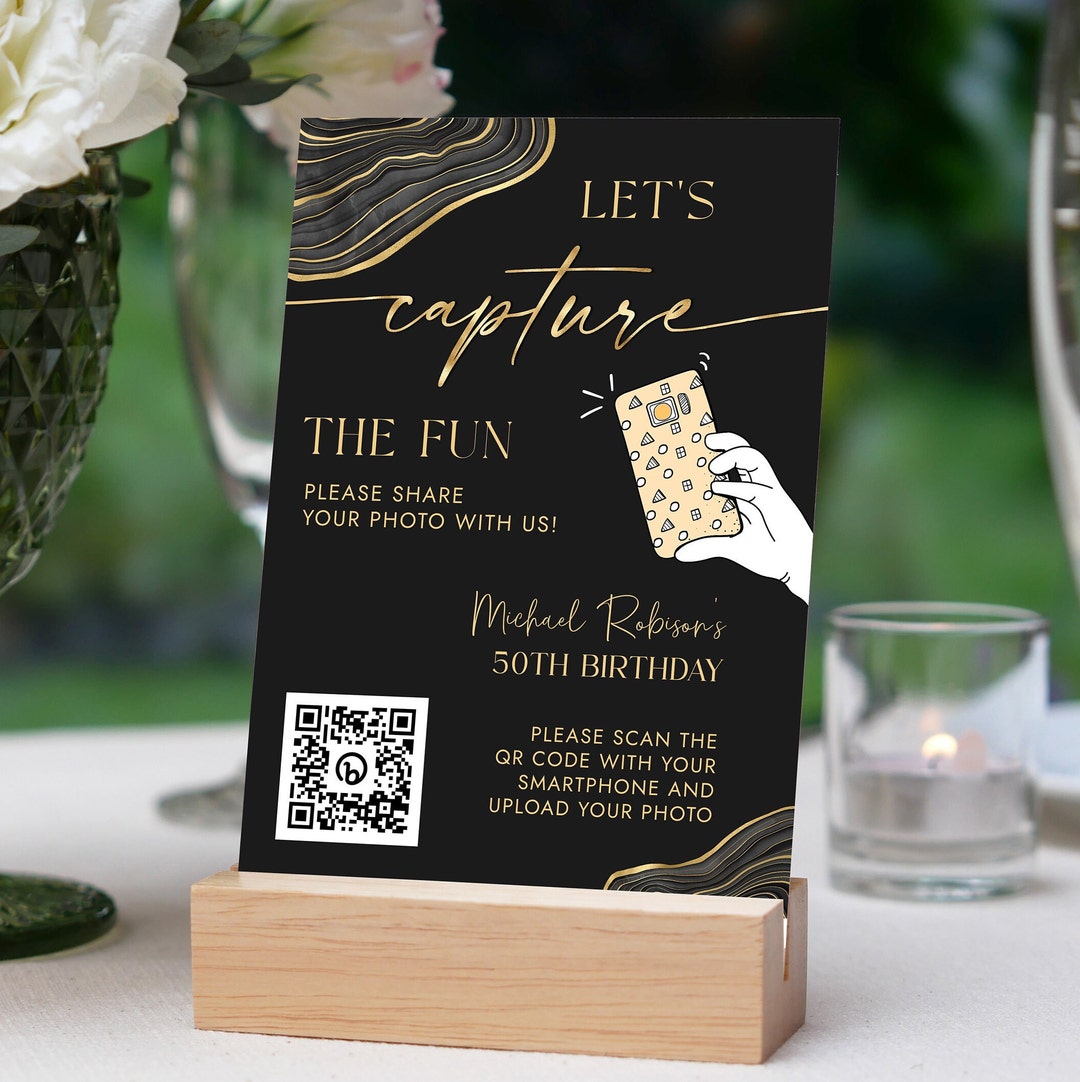 Black and Gold Birthday QR Code Sign Template - Capture the Fun ...