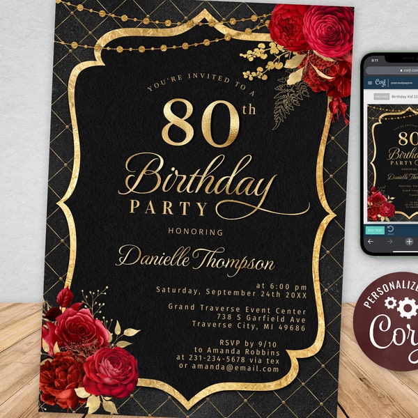 Gold 80th Birthday Invitation - Etsy