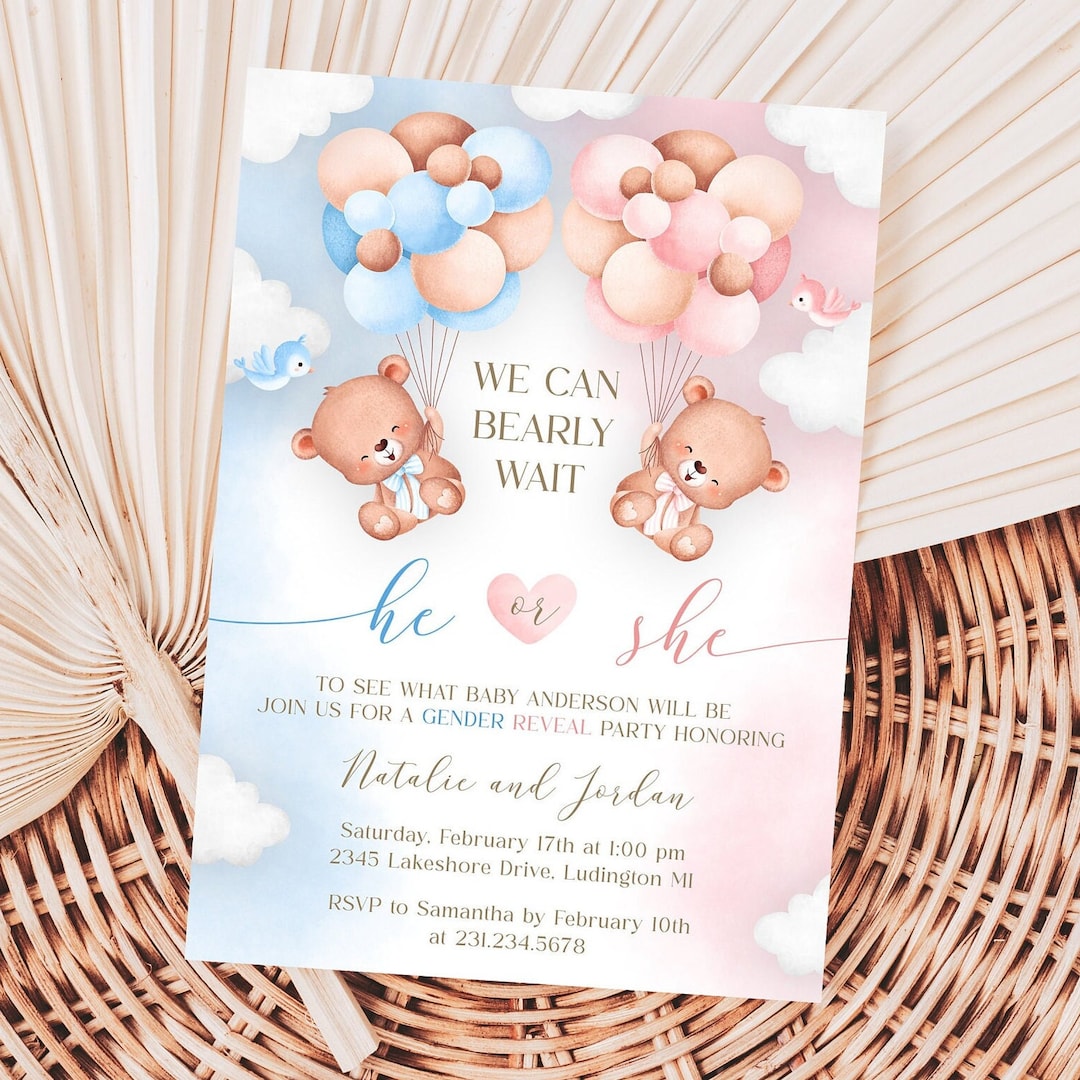 Editable Teddy Bears Gender Reveal Invitation - Boy or Girl Baby Party ...