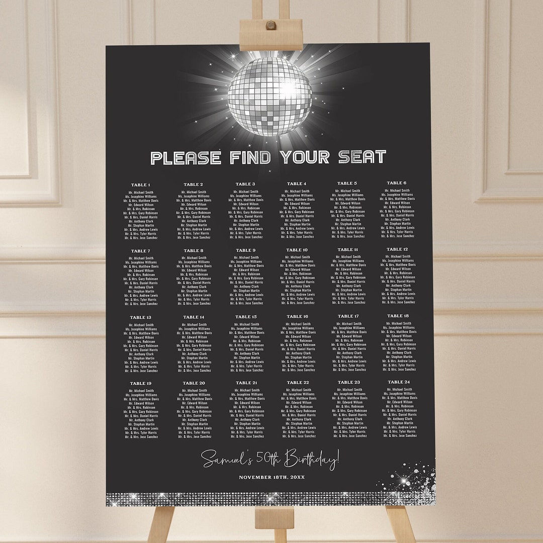 Editable Disco Party Seating Chart Black and Silver Disco 70's Party ...