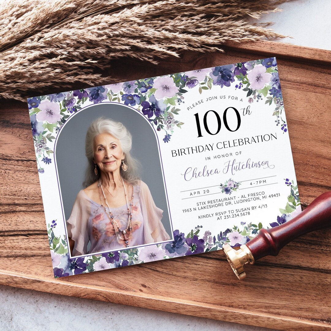 Editable 100th Birthday Photo Invitation - Adult 100 Birthday Invite ...