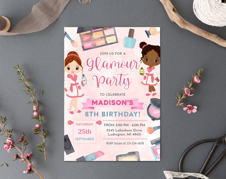 Spa Makeup Party Invitation - Girls Birthday Invitation - Glamour Glam ...
