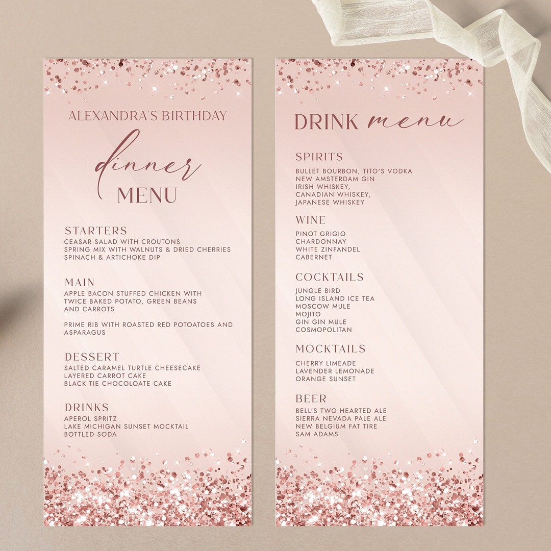 Dinner Menu Card Drink Menu Template Event Menu Template Rose Gold ...