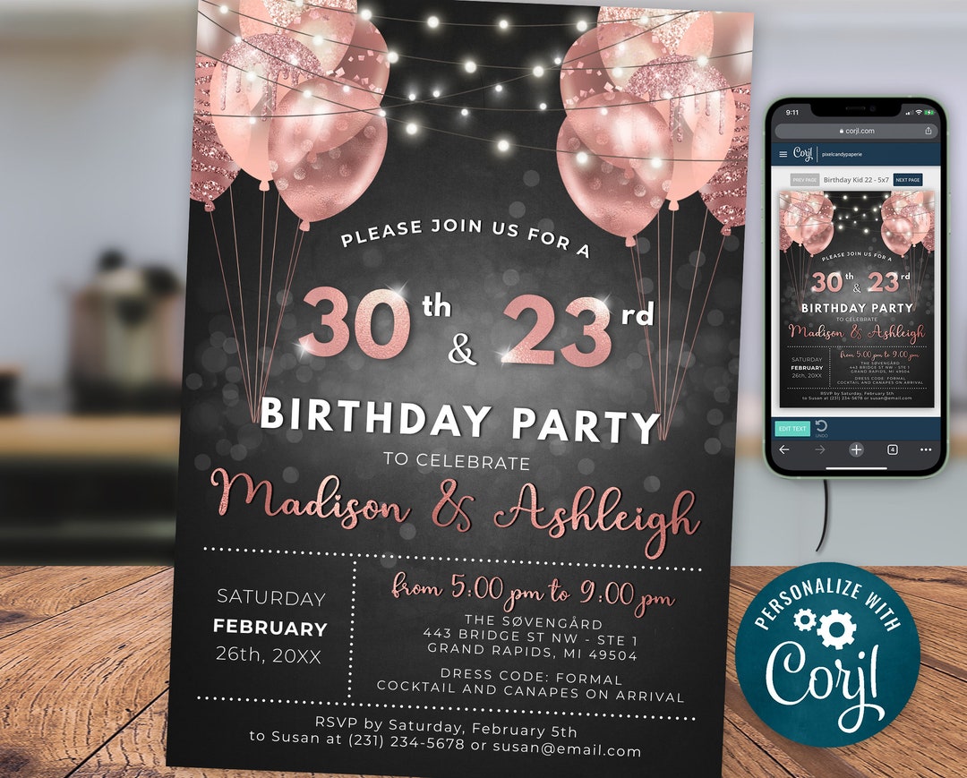 Double Birthday Invitation - Dual - Joint - Rose Gold and Black With ...