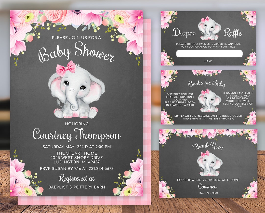 Pink Girl Elephant Baby Shower Invitation Set Diaper Raffle - Etsy